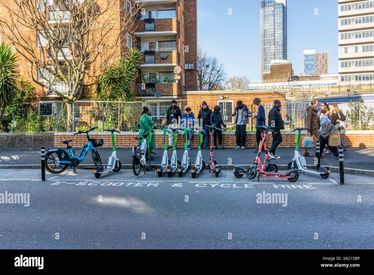 E-Scooter & Cycle Hire bay in The Cut, Southwark, South London Stock ...