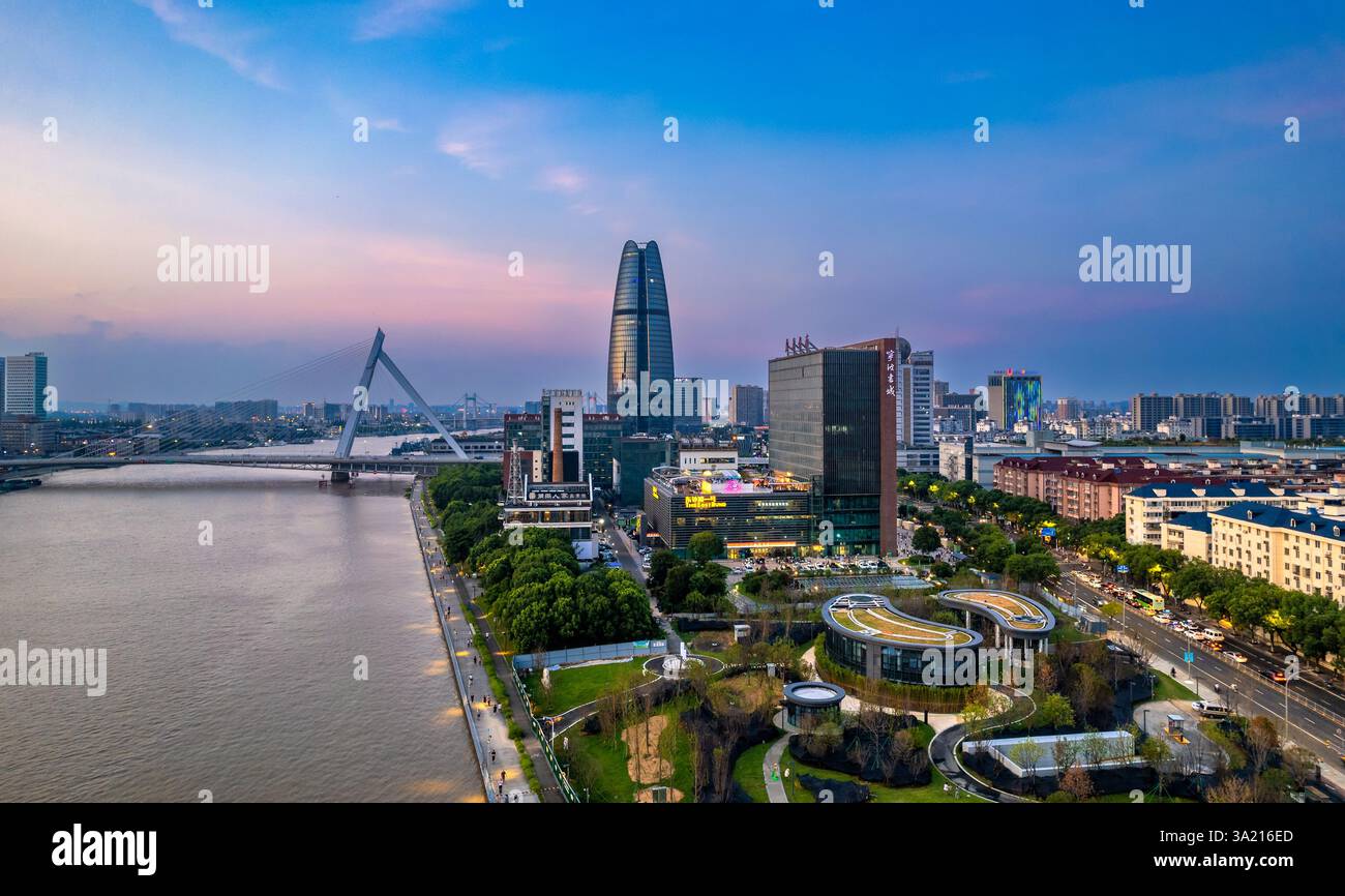 Night view of the city of Sanjiangkou, Ningbo, Zhejiang Province, China ...