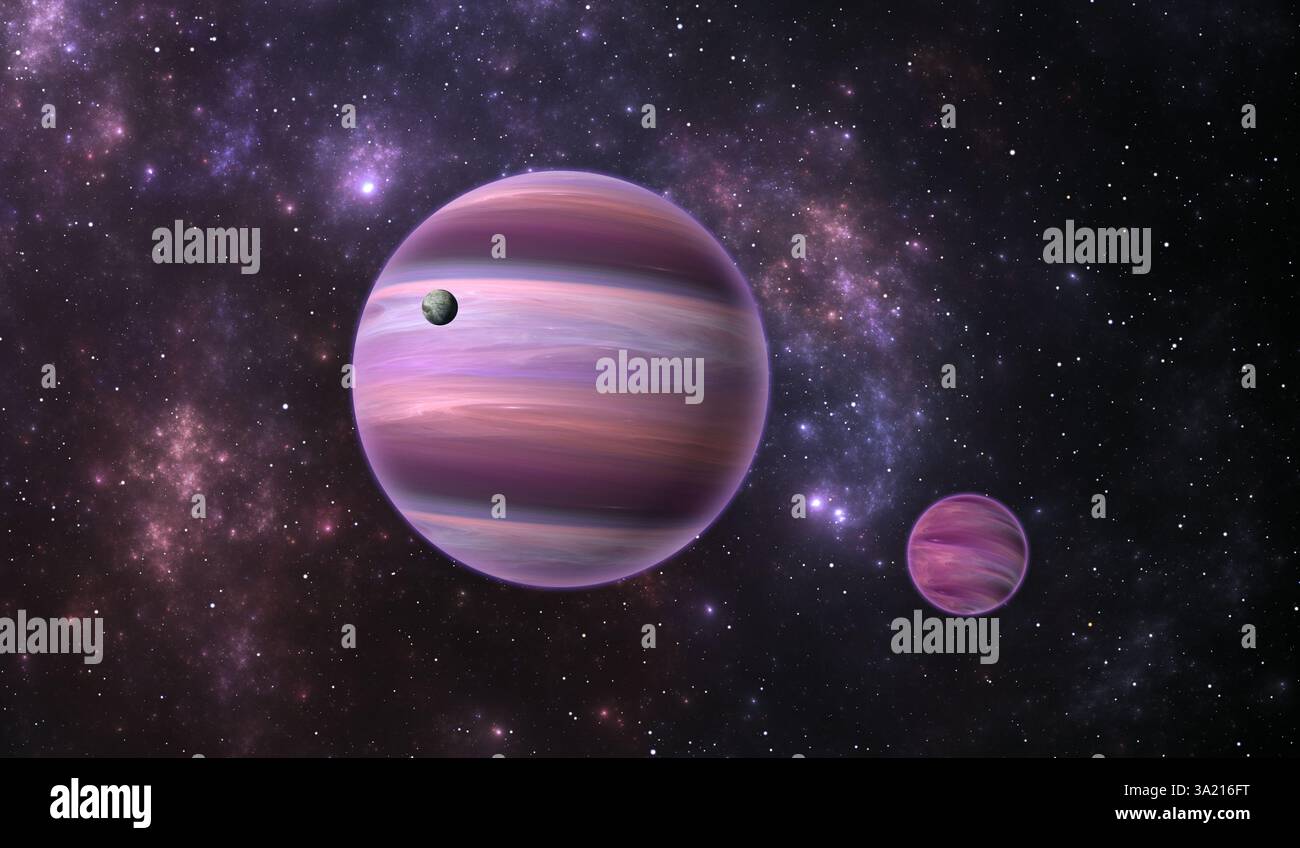 Extrasolar planet. Gas extrasolar planet with moon on background nebula ...