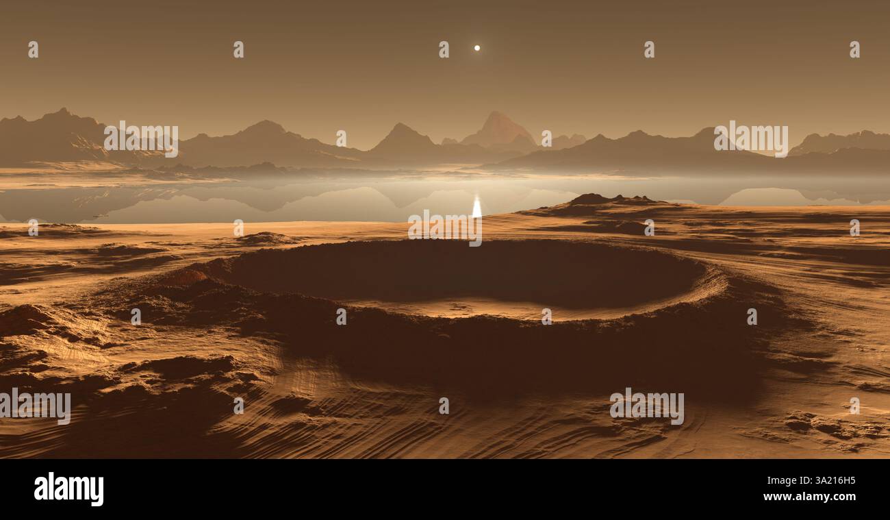 Titan, largest moon of Saturn with dense atmosphere. Hydrocarbon lakes ...