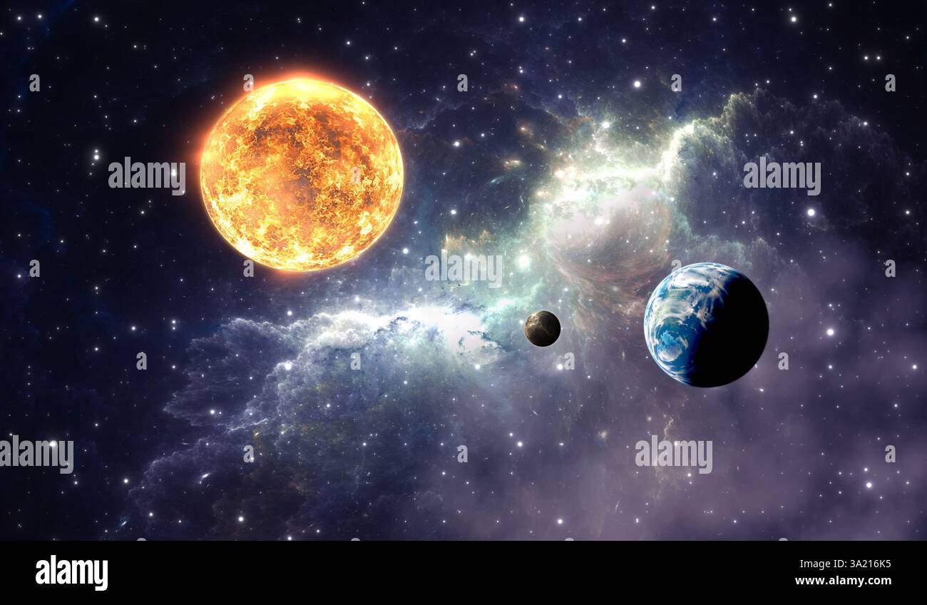 Exoplanets or Extrasolar planets on background nebula, illustration ...