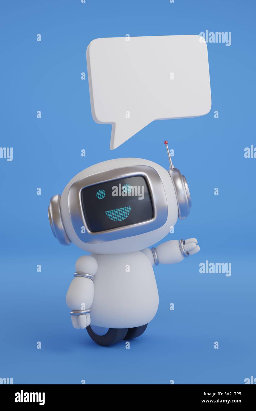 Cute robot with speech bubble on blue background. 3d illustration Stock ...