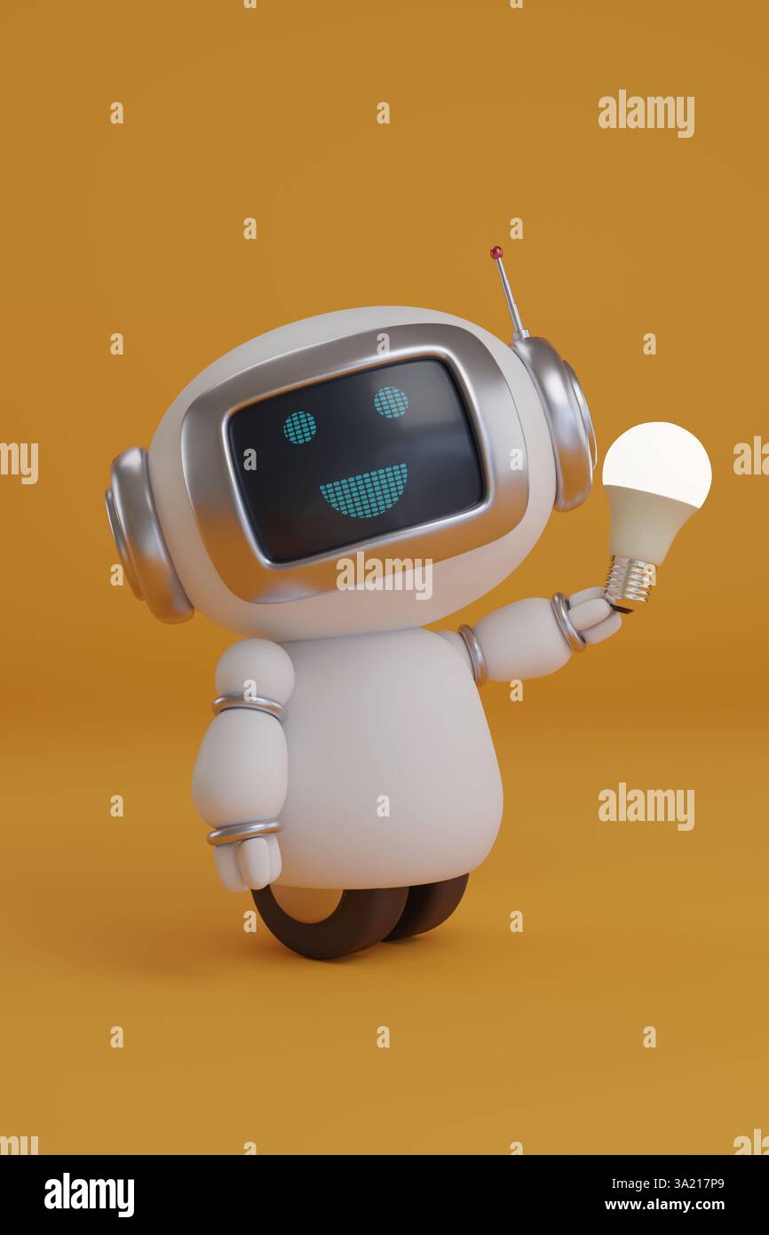 Cute robot with light bulb on orange background. 3d illustration Stock ...