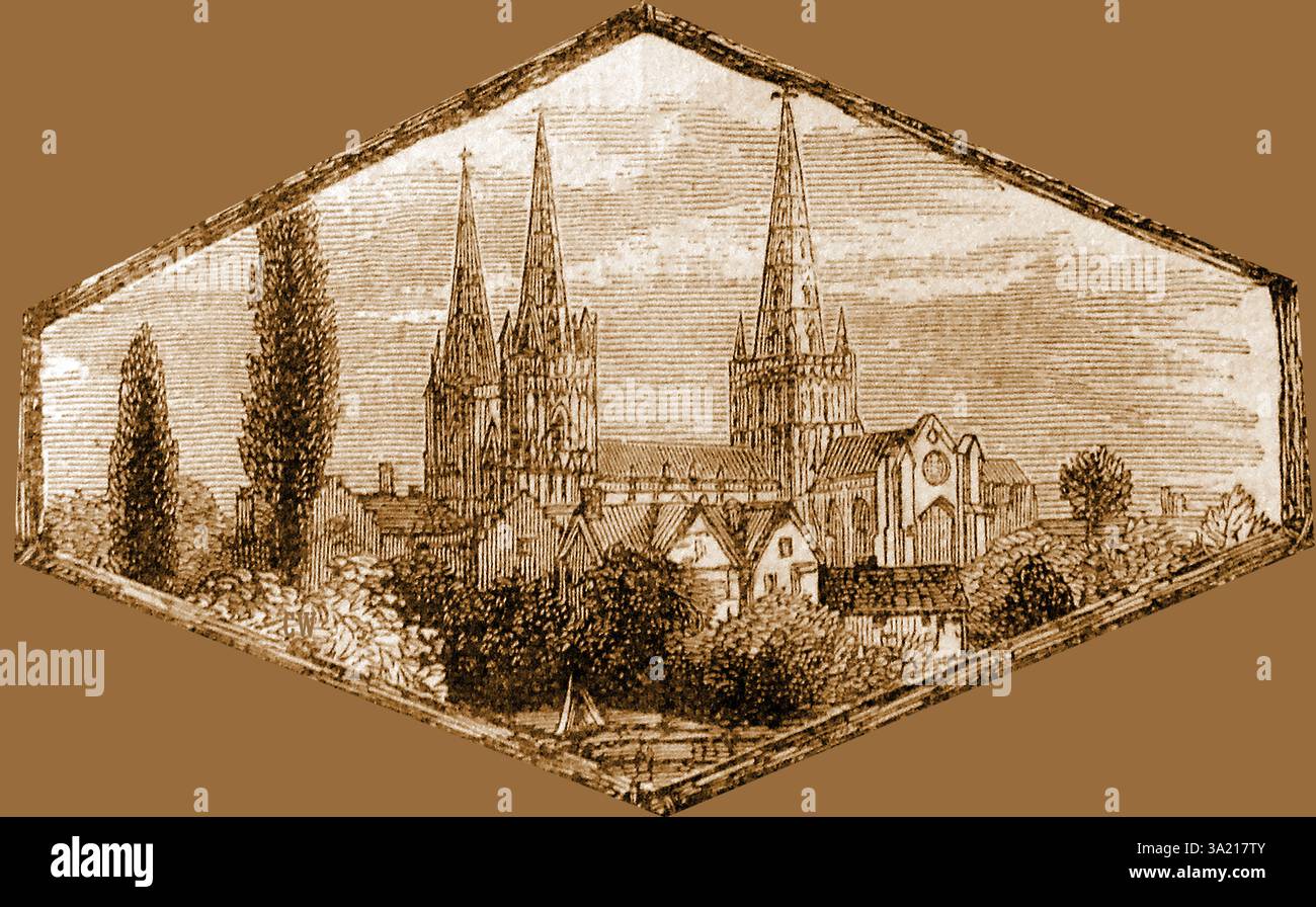 An 1876 old engraving of Litchfield cathedral Stock Photo - Alamy