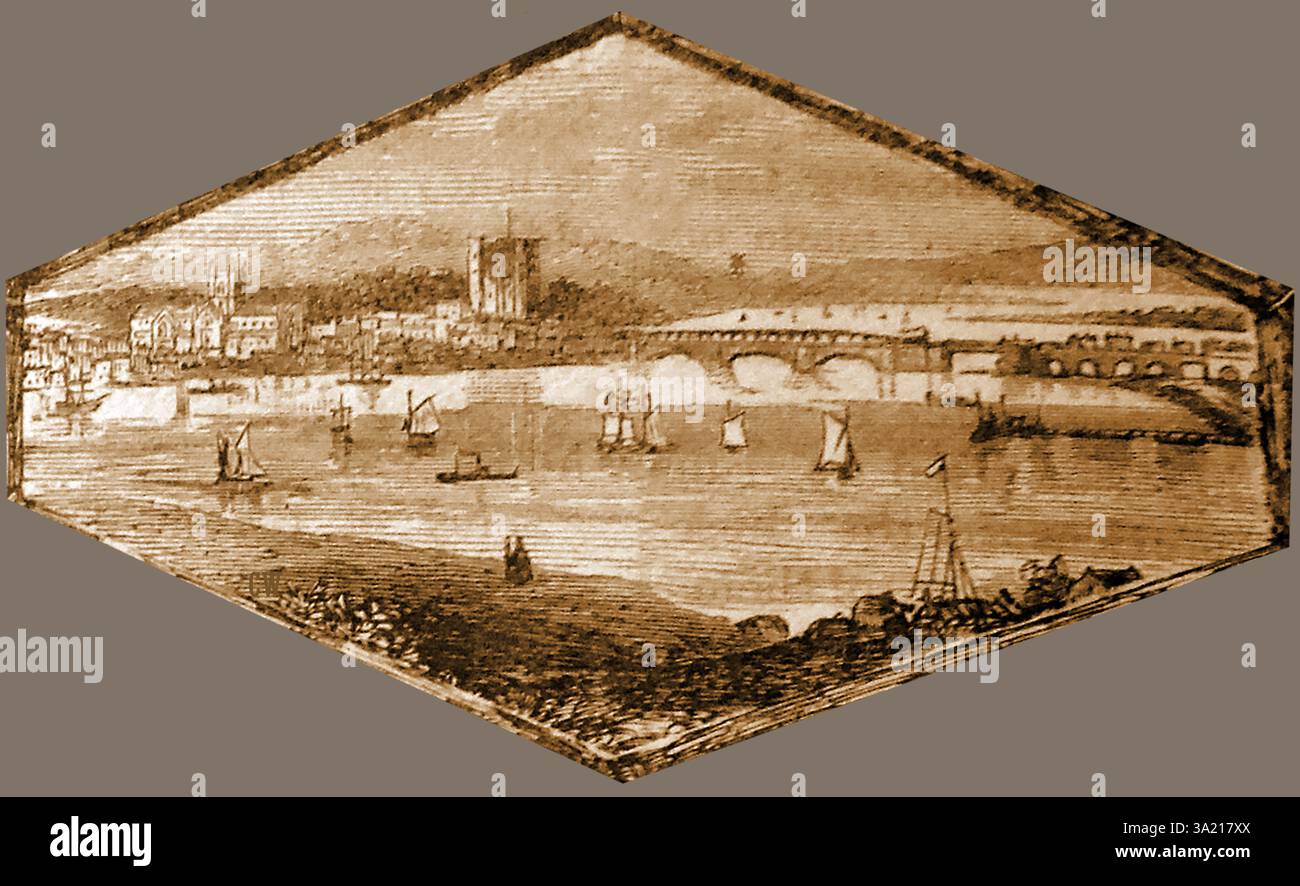 An 1876 old engraving showing a distant view of Rochester Cathedral UK ...