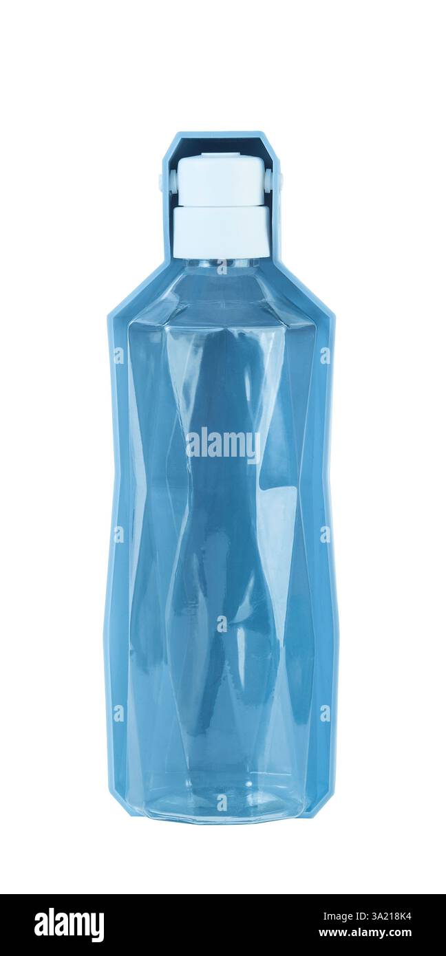 Modern blue plastic water bottle with a geometric design and a white ...