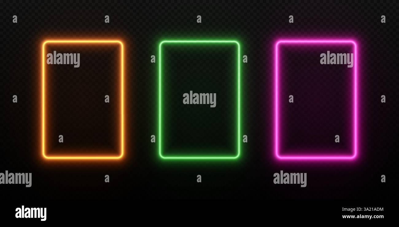 Neon glow rectangle frames. Light laser border of gold, green and pink ...
