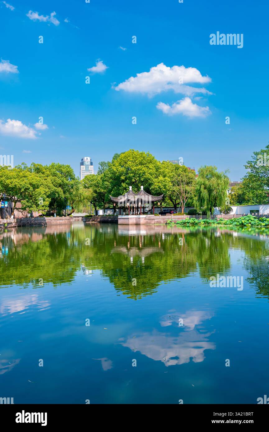 A view of the lake at the Tianyi Pavilion Museum in Ningbo, Zhejiang ...