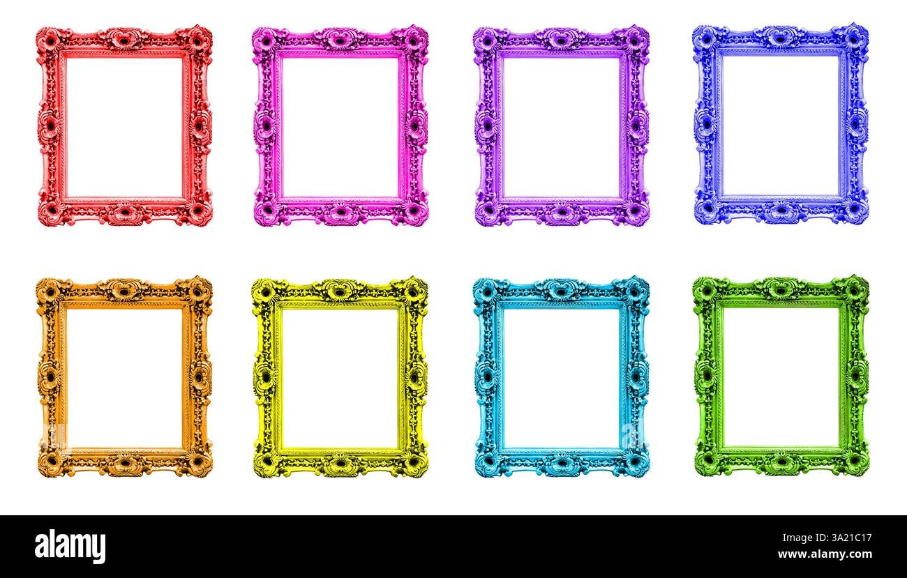 Collection set of colorful baroque old antique picture frames, isolated on white background ...