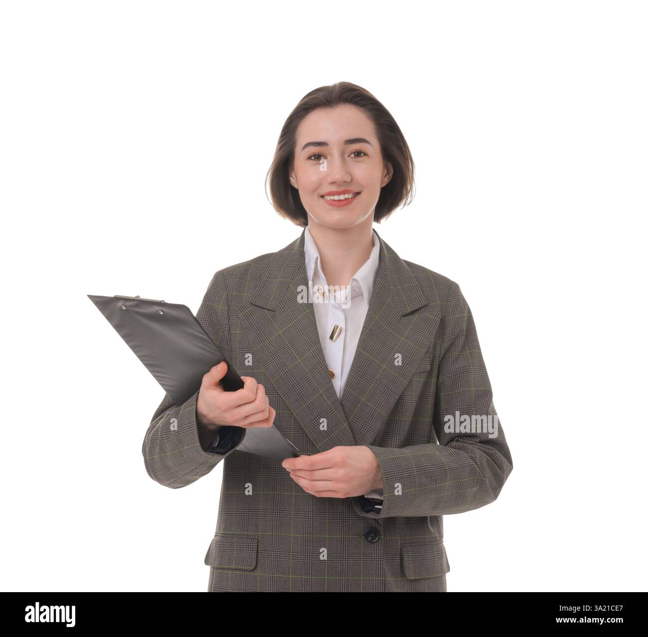 Portrait of young secretary with clipboard on white background Stock ...