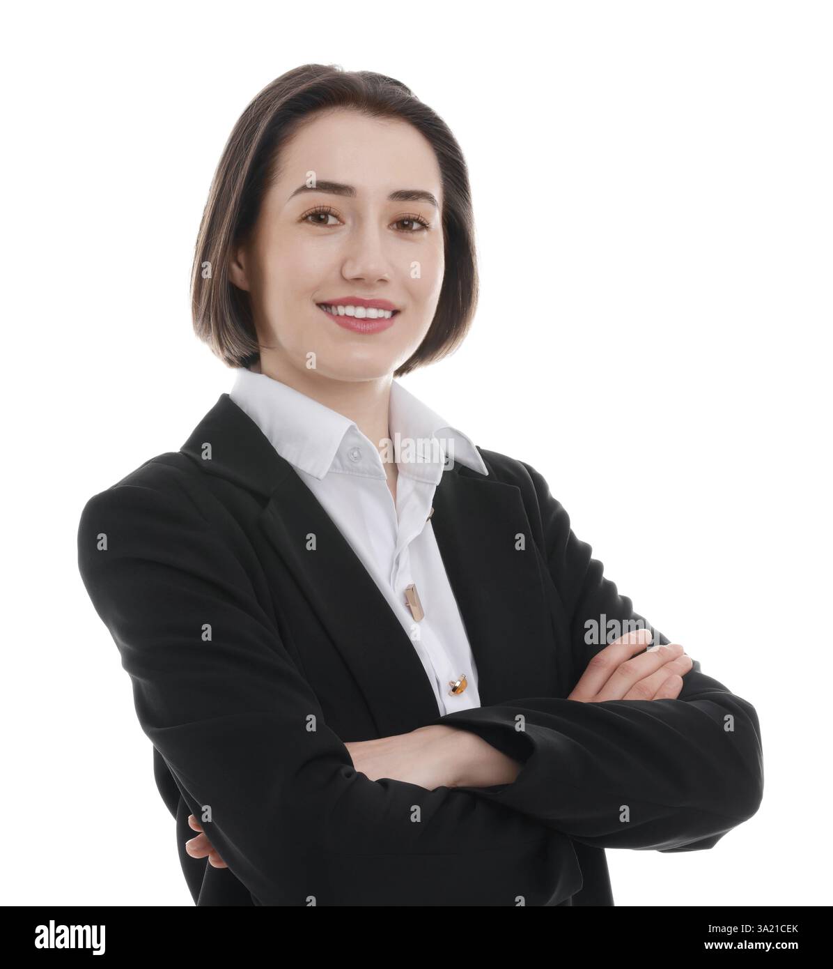 Portrait of confident secretary on white background Stock Photo - Alamy