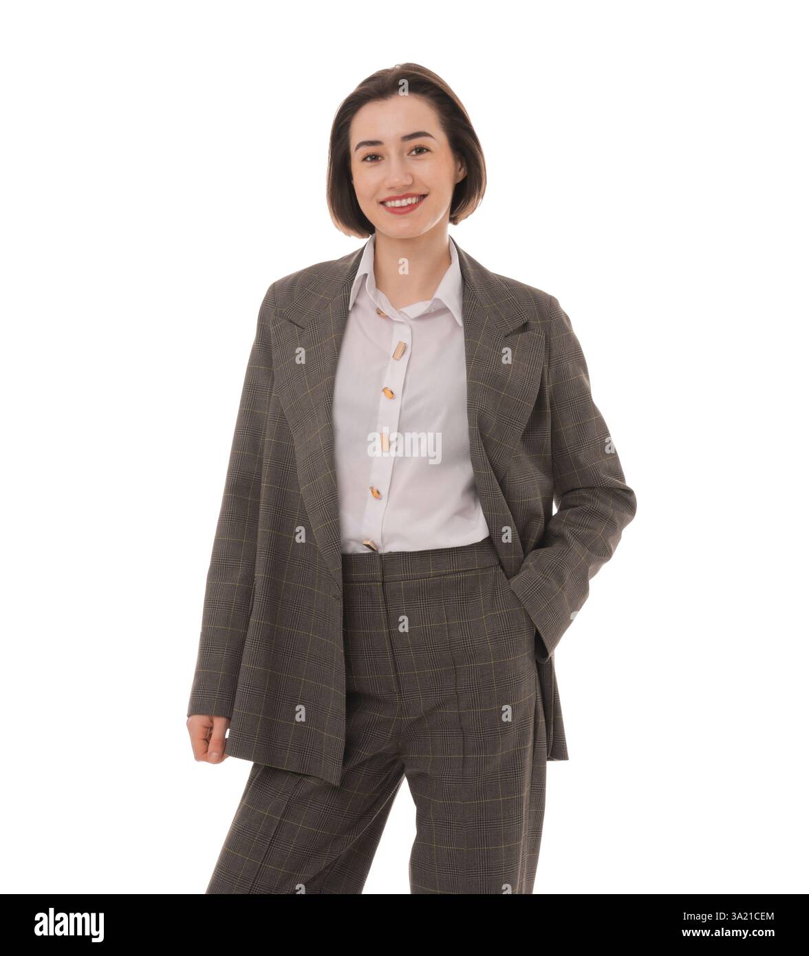 Portrait of confident secretary on white background Stock Photo - Alamy