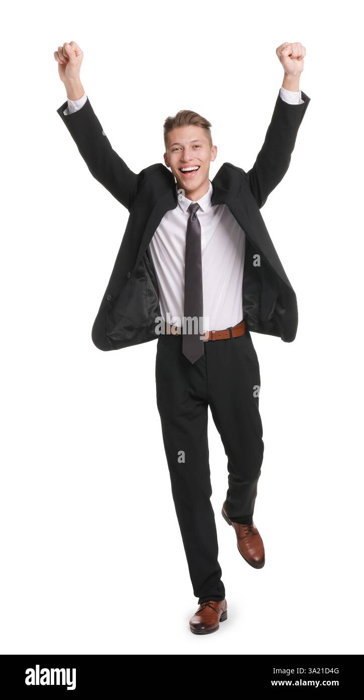 Business competition. Happy man running on white background Stock Photo ...
