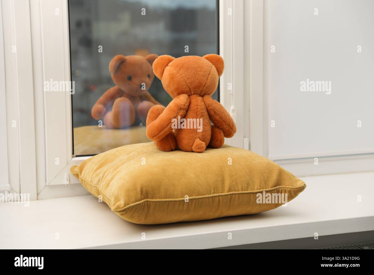 Teddy bear on window sill at home, back view Stock Photo - Alamy