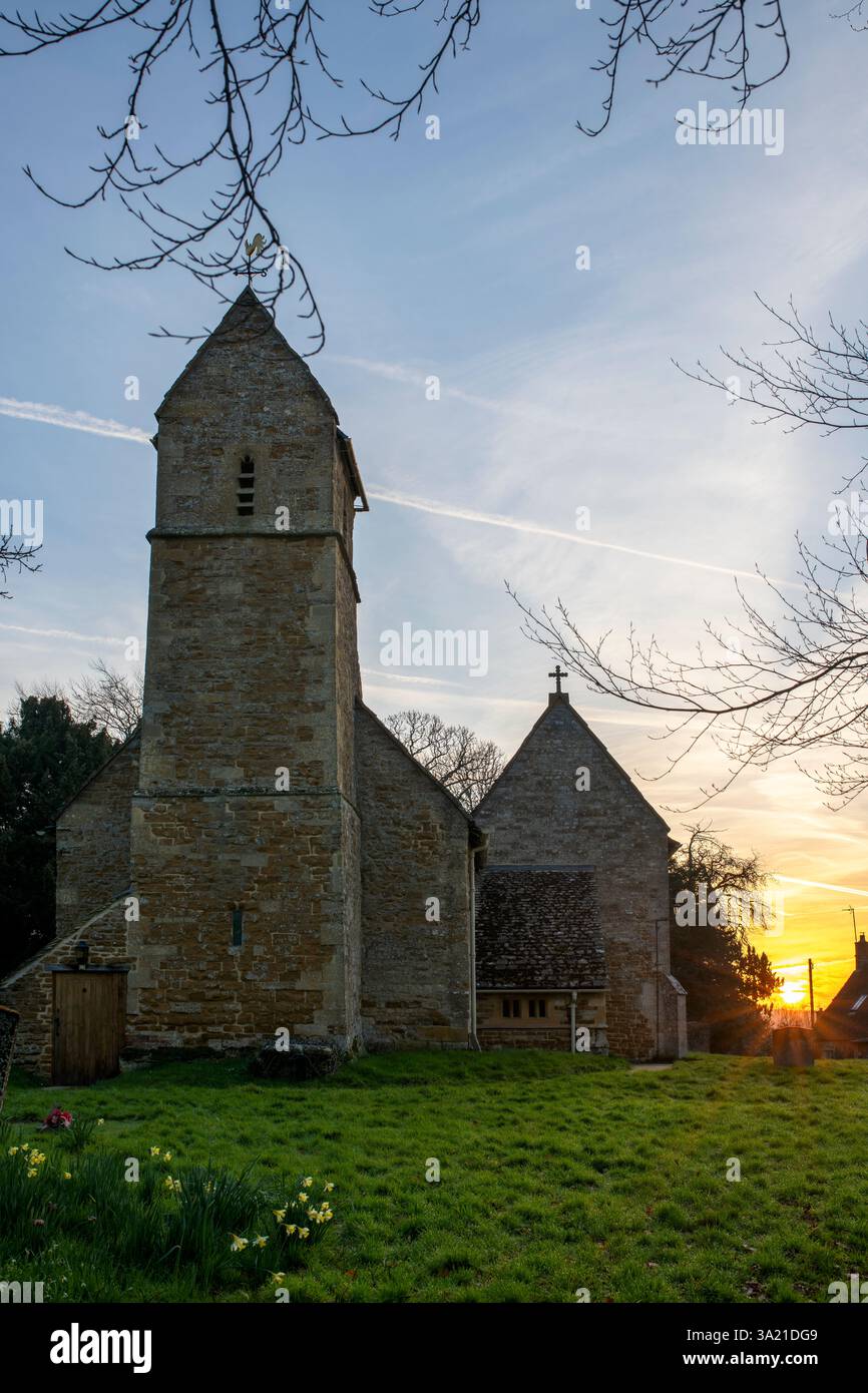 Church of St Lawrence at sunrise in march. Barton on the Heath ...