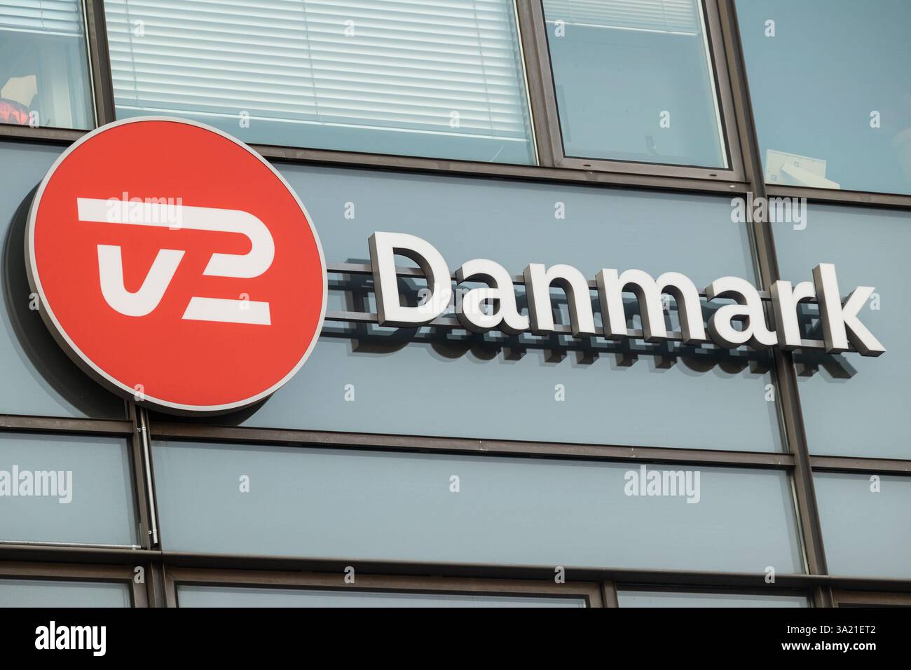 Copenhagen, Denmark. 10th Mar, 2025. Logo of of TV 2 at Teglholmen in ...