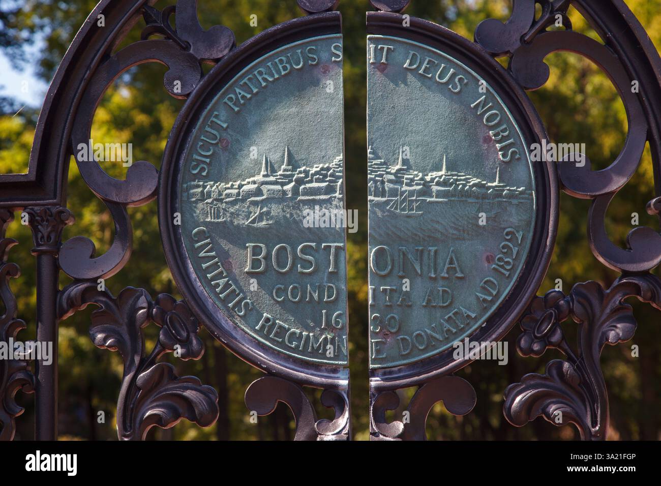 The bas relief bronze Bostonia sign at the public garden in Boston ...