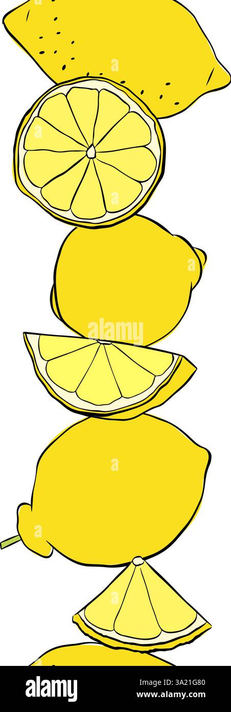 Lemons cut, slices and whole seamless vertical border. Citrus lemons ...