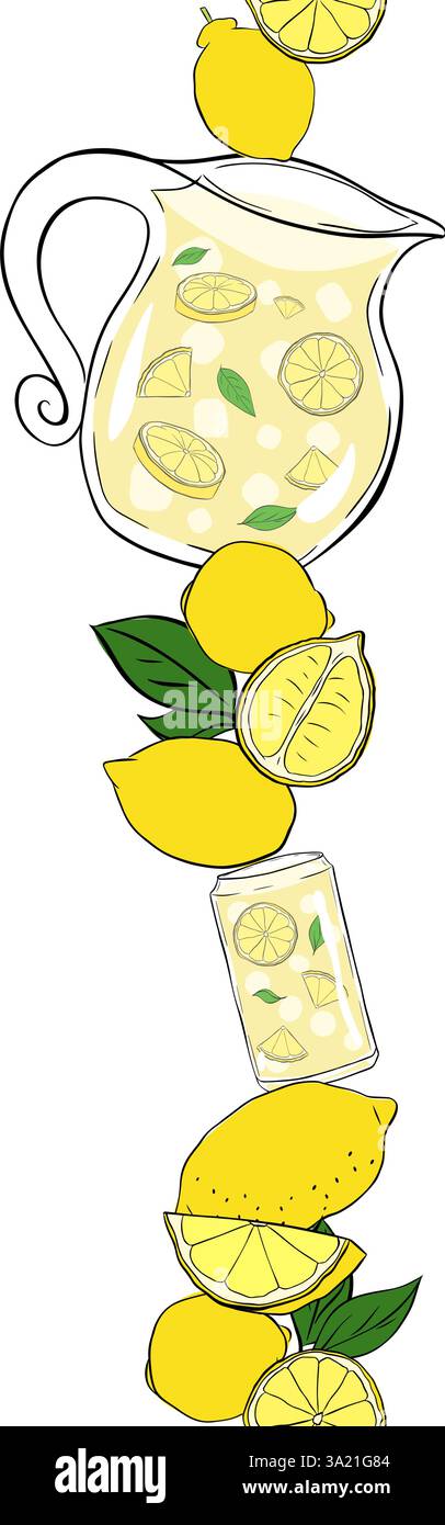 Lemonade with lemons whole and slices, green leaves seamless vertical ...