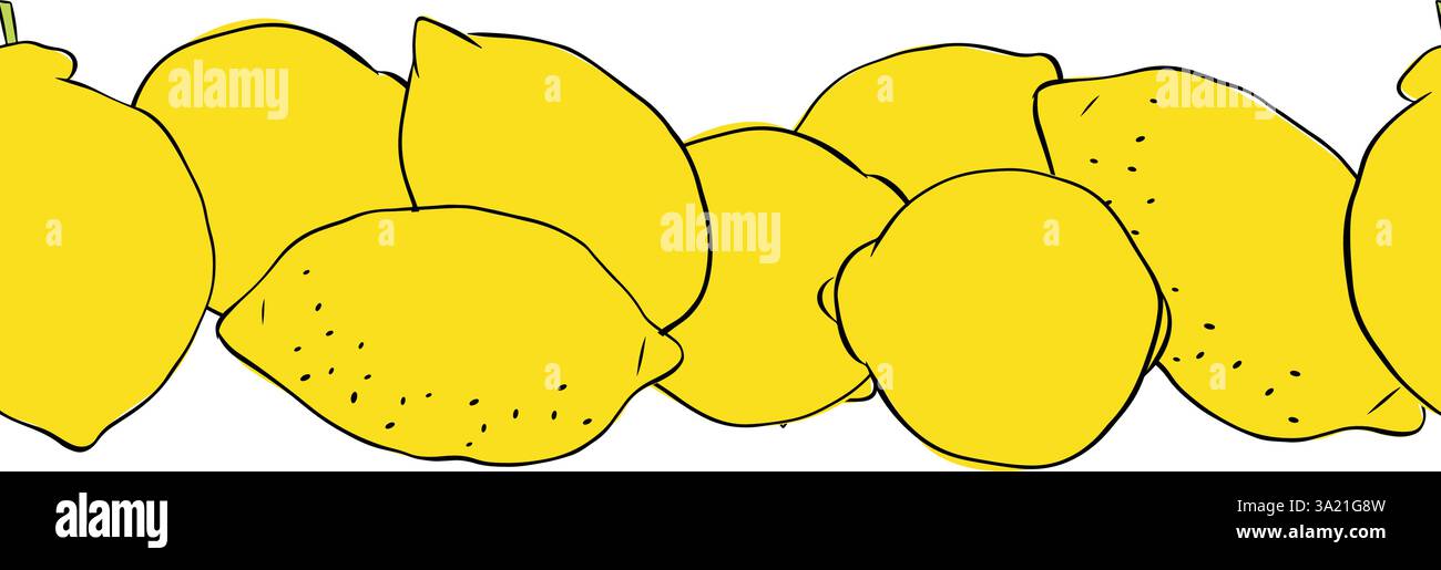 Lemons citric fruits seamless horizontal border. Hand drawn vector ...