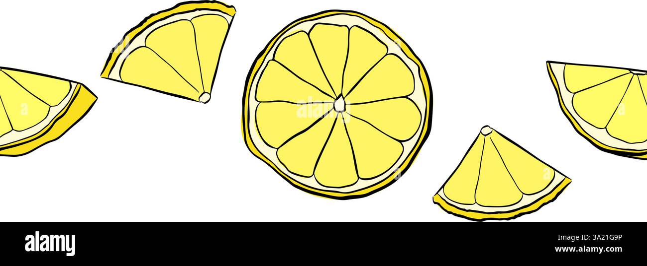 Citrus lemon slices horizontal seamless border. Vector graphic line ink ...