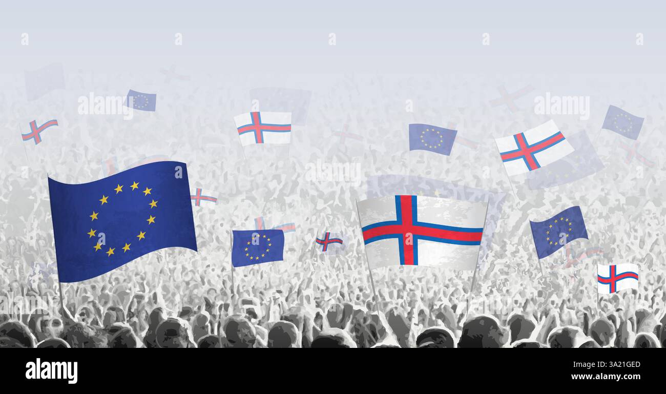 Crowd with flag of European Union and Faroe Islands, people of Faroe ...