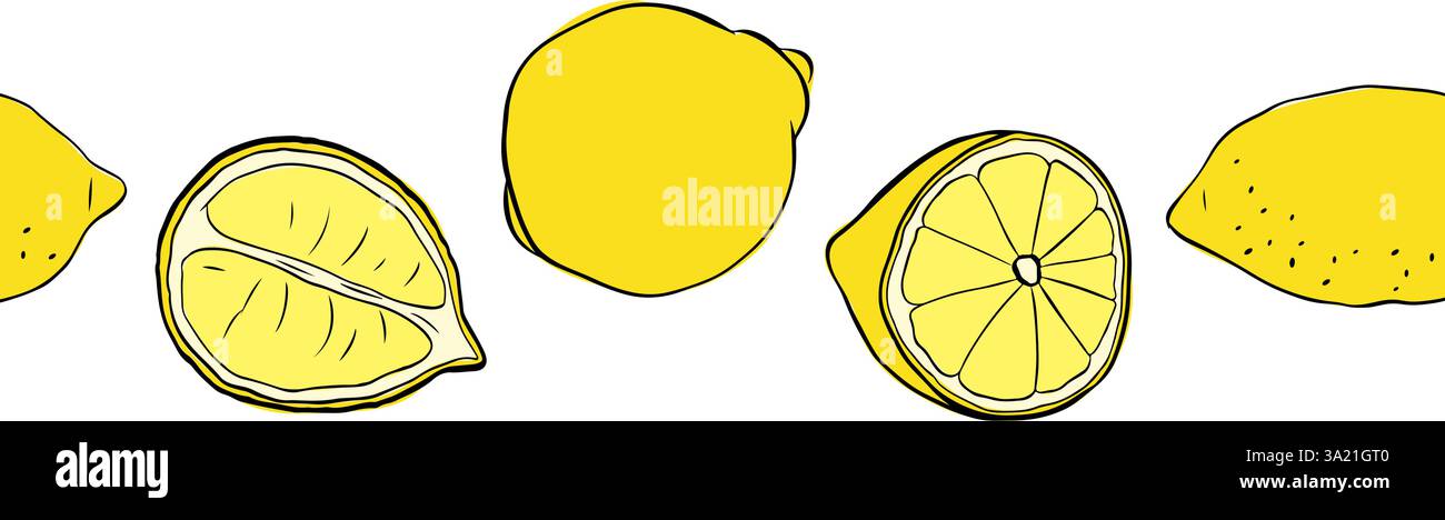Lemons whole and cut seamless horizontal border. Citrus lemons line ...