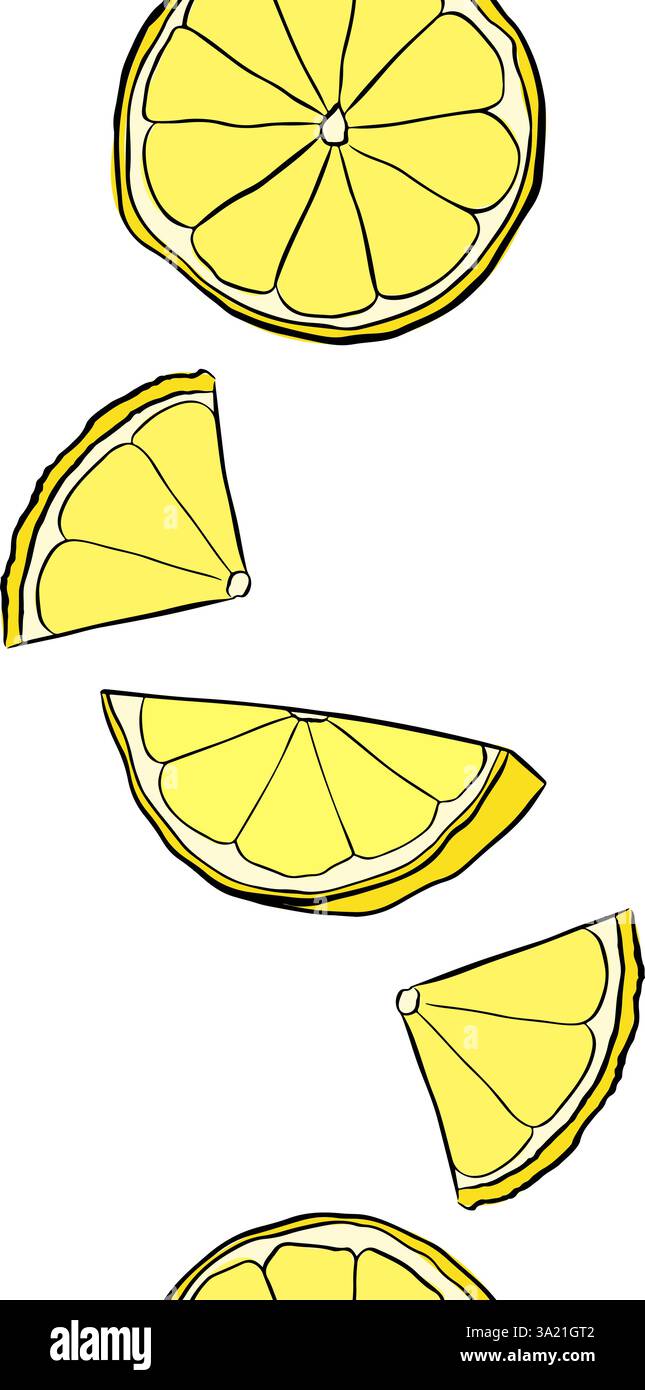 Citrus lemon slices vertical seamless border. Vector graphic line ink ...