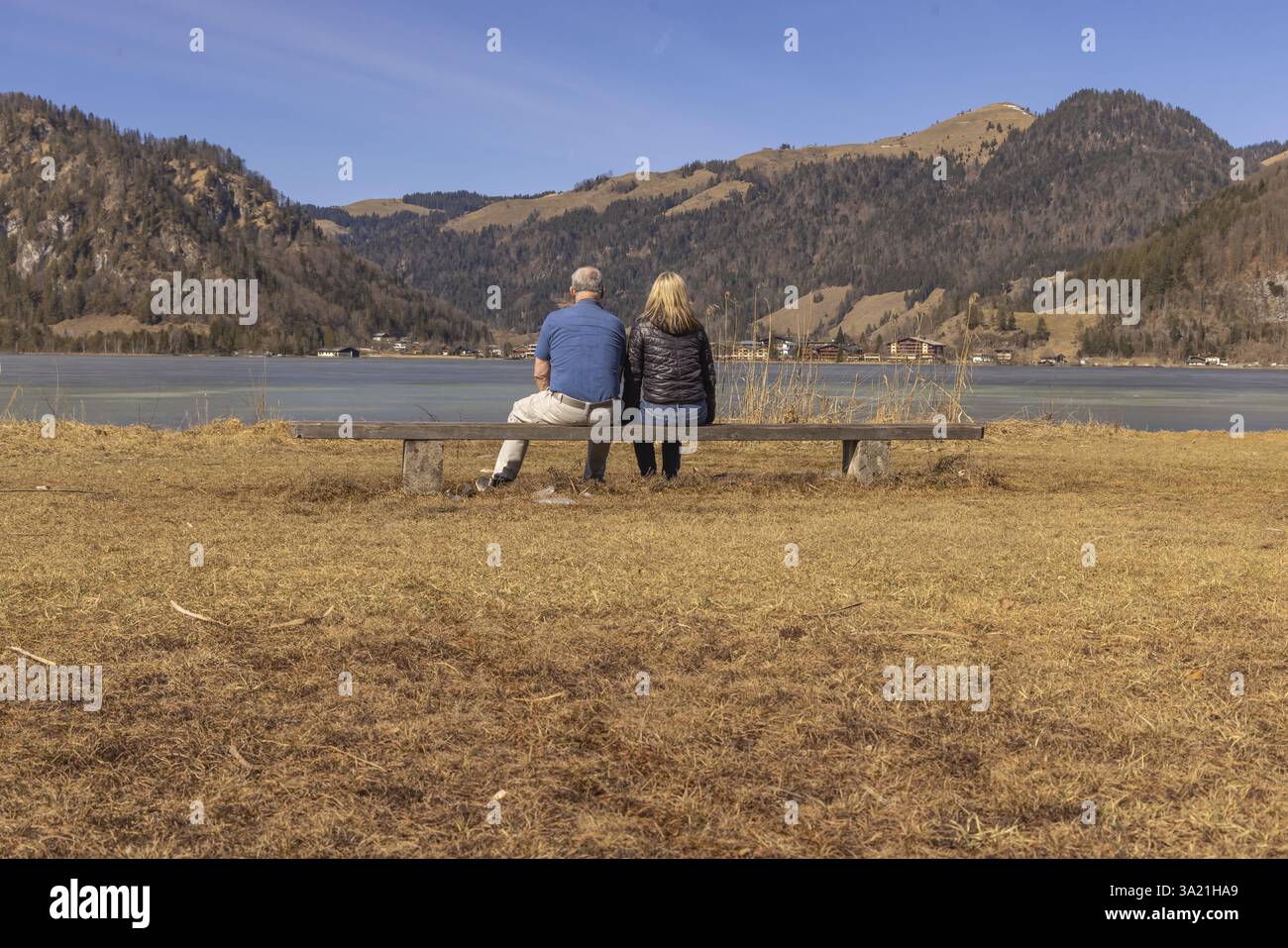 Landscape panorama, Walchsee, lake, Koessen, Tyrol, spring, hike, hiker ...