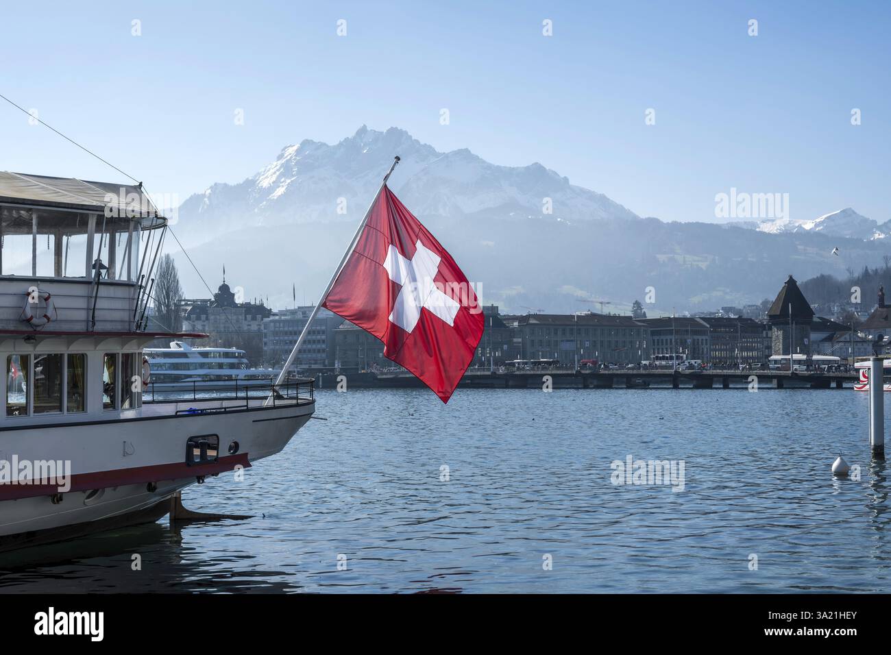 Ship Swiss flag and Pilatus, Lucerne, Switzerland, Europe Stock Photo ...