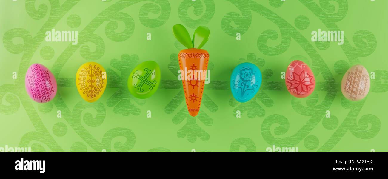 Painted eggs in bright colors. Eggs and carrot are decorated with ...