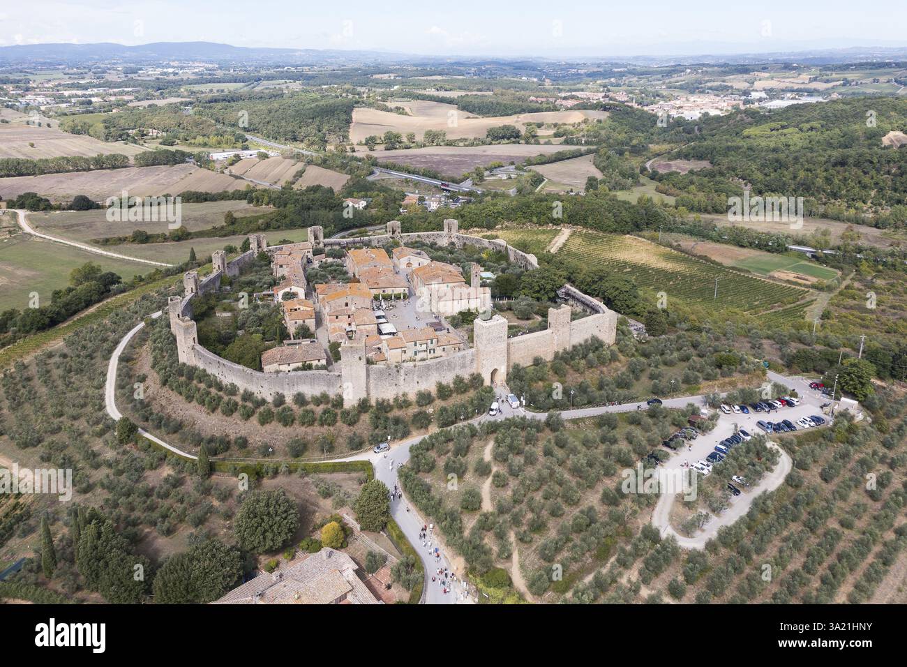 Aerial view of the medieval town of Monteriggioni with town walls and ...