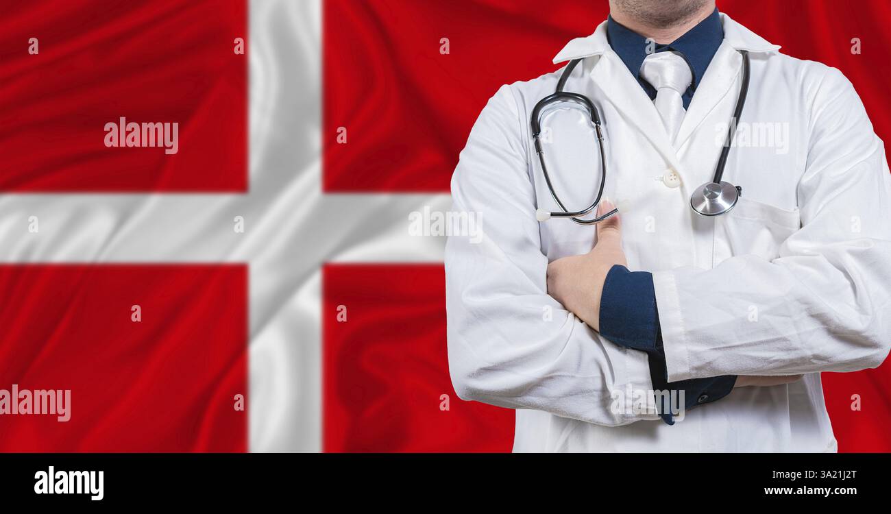 Male doctor with stethoscope on Danish flag. Doctor holding stethoscope ...