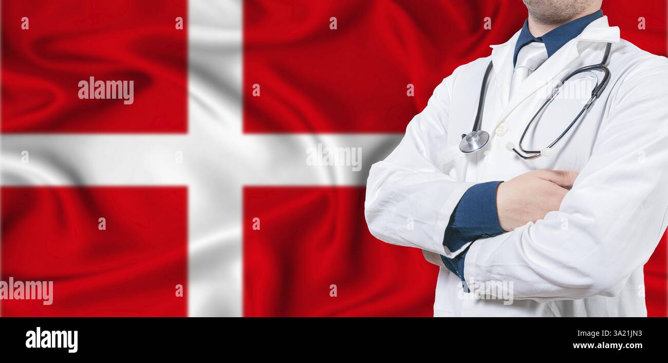 Denmark health care concept. Male doctor on Denmark flag. Doctor with ...