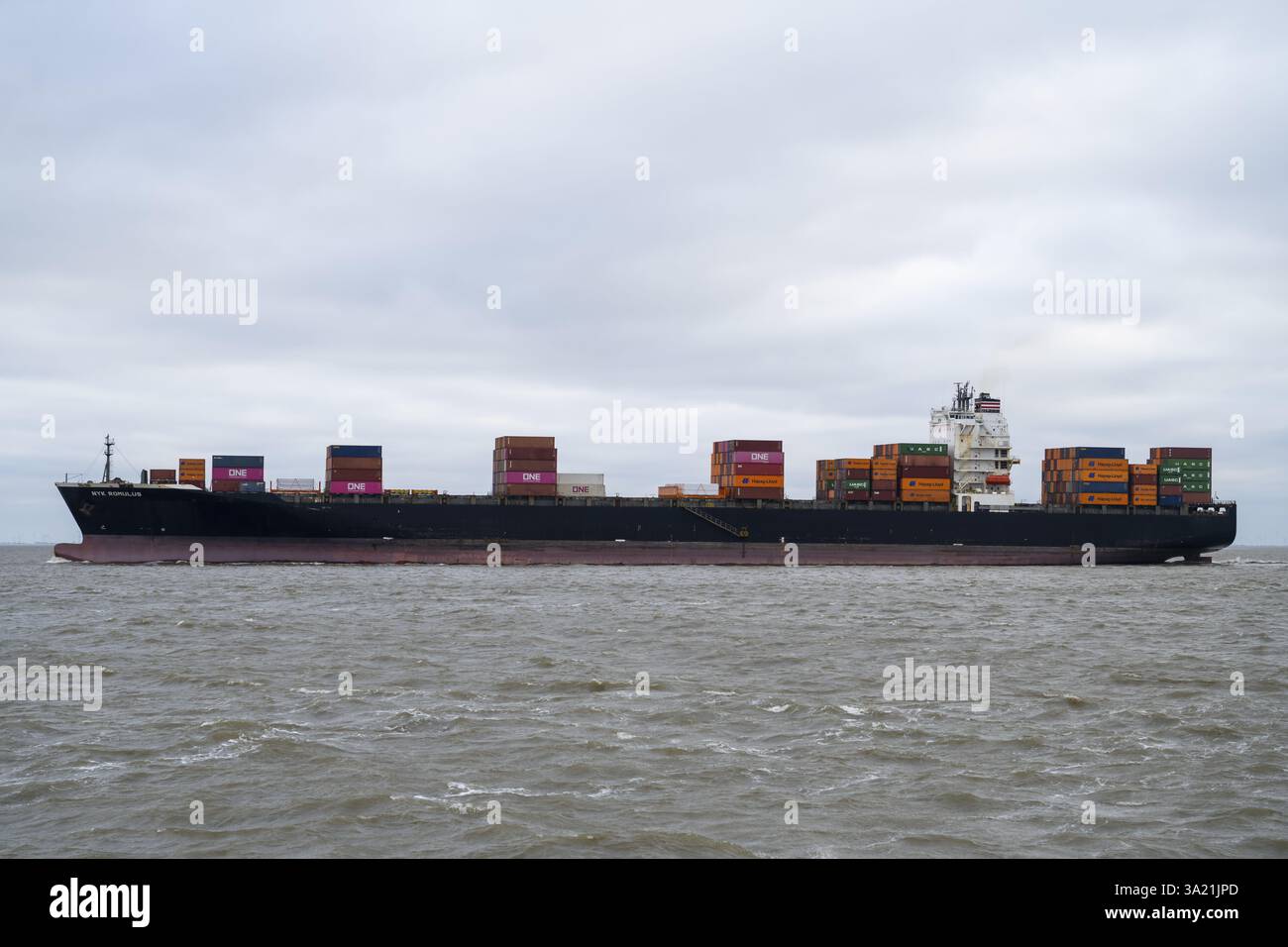 Container ship on the Elbe, NYK Romulus, world shipping route, Cuxhaven ...