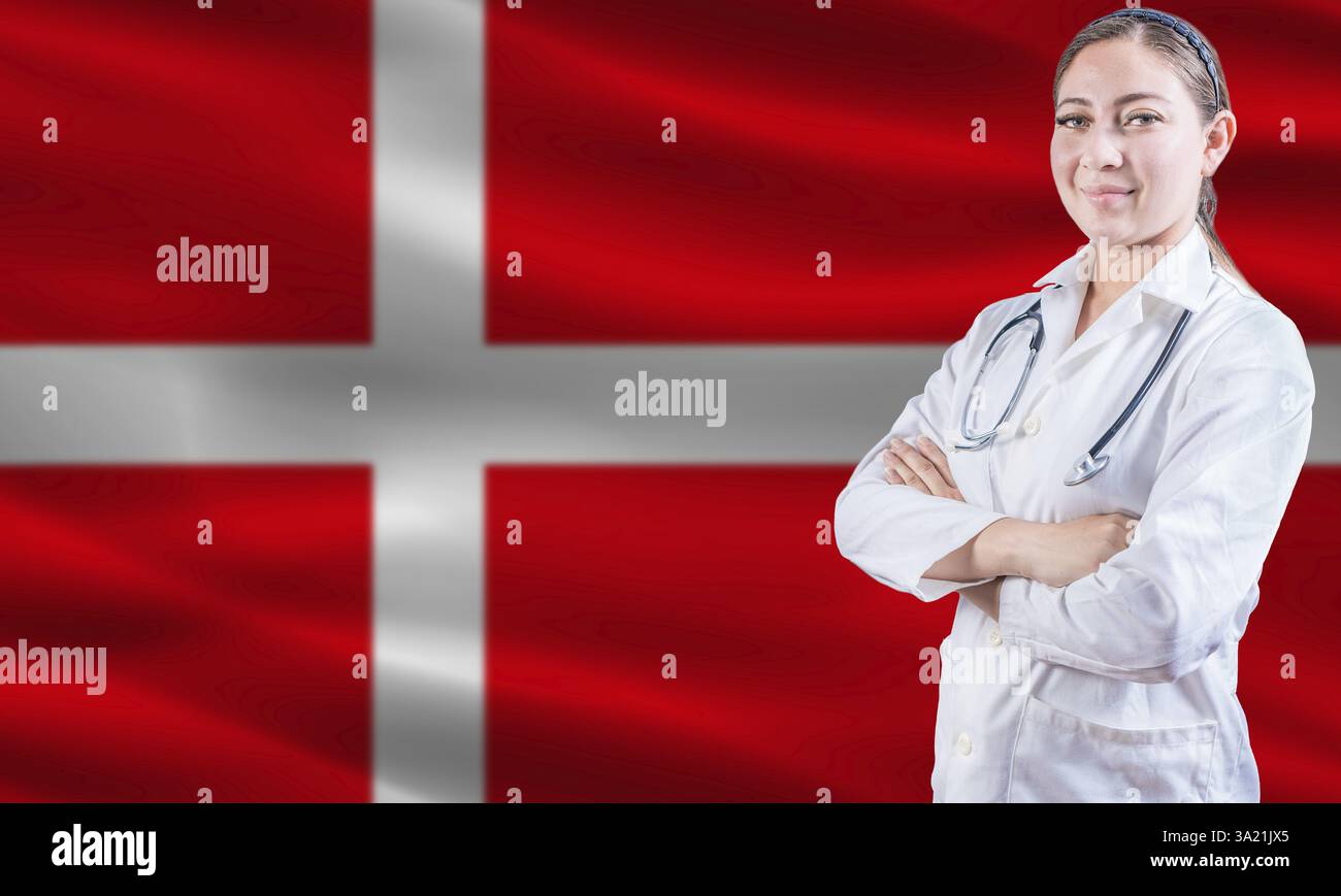 Female doctor on danish flag. Doctor with crossed arms on danish flag ...