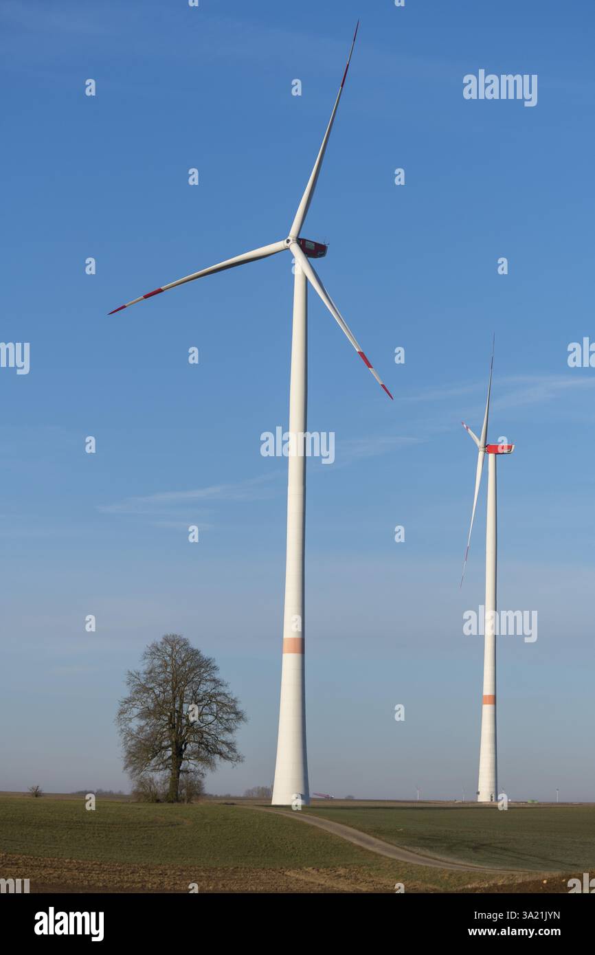 Two wind turbines tower high in the sky on a wide green field, showing ...