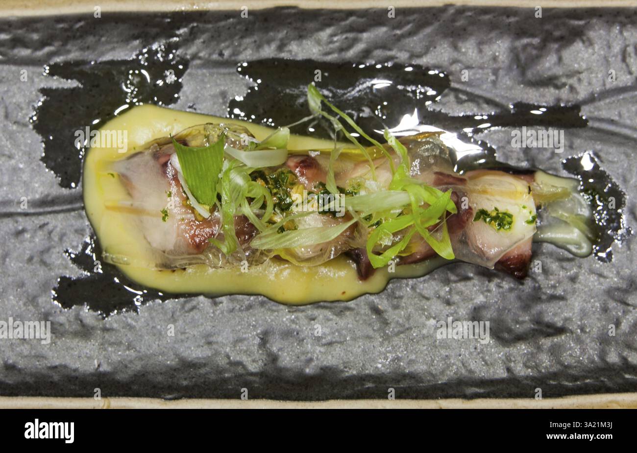 Roasted slices of octopus tentacle on top of a potato puree bed Stock ...