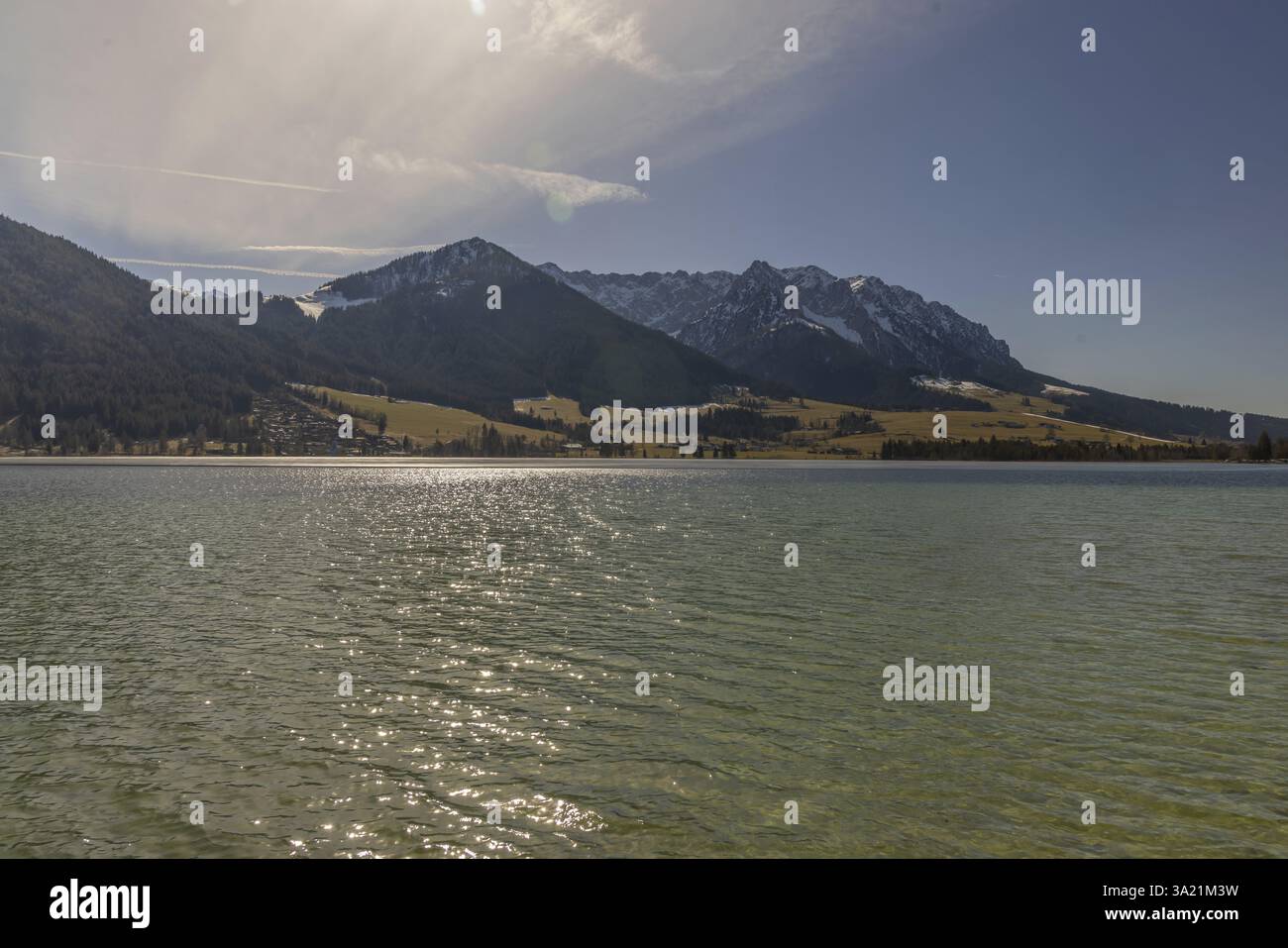 Landscape panorama, Walchsee, lake, Koessen, Tyrol, spring, hike Stock ...