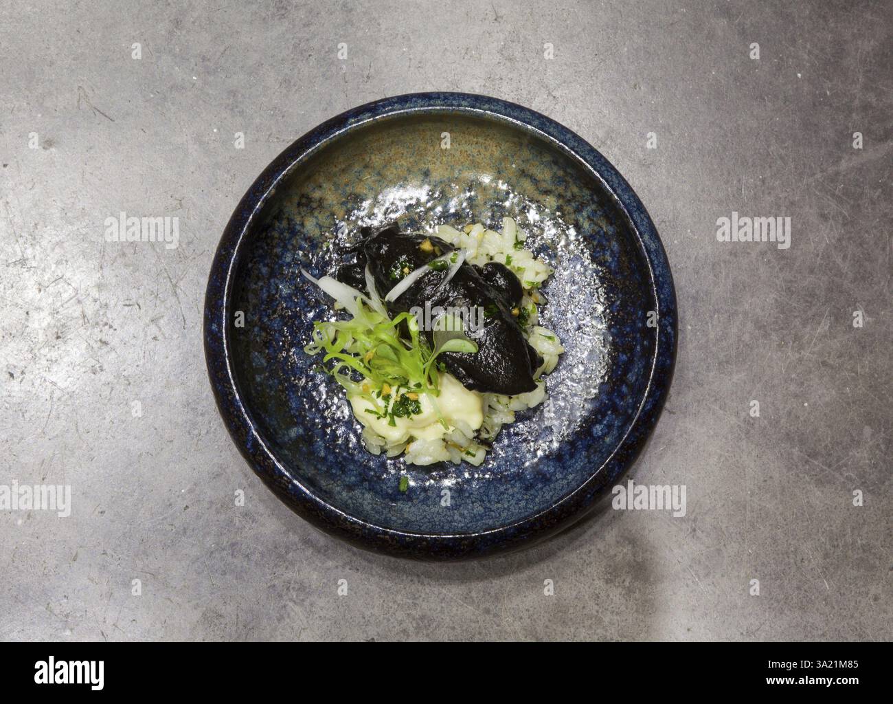 Squid covered on its own ink on top of a rice and mayonnaise base Stock ...