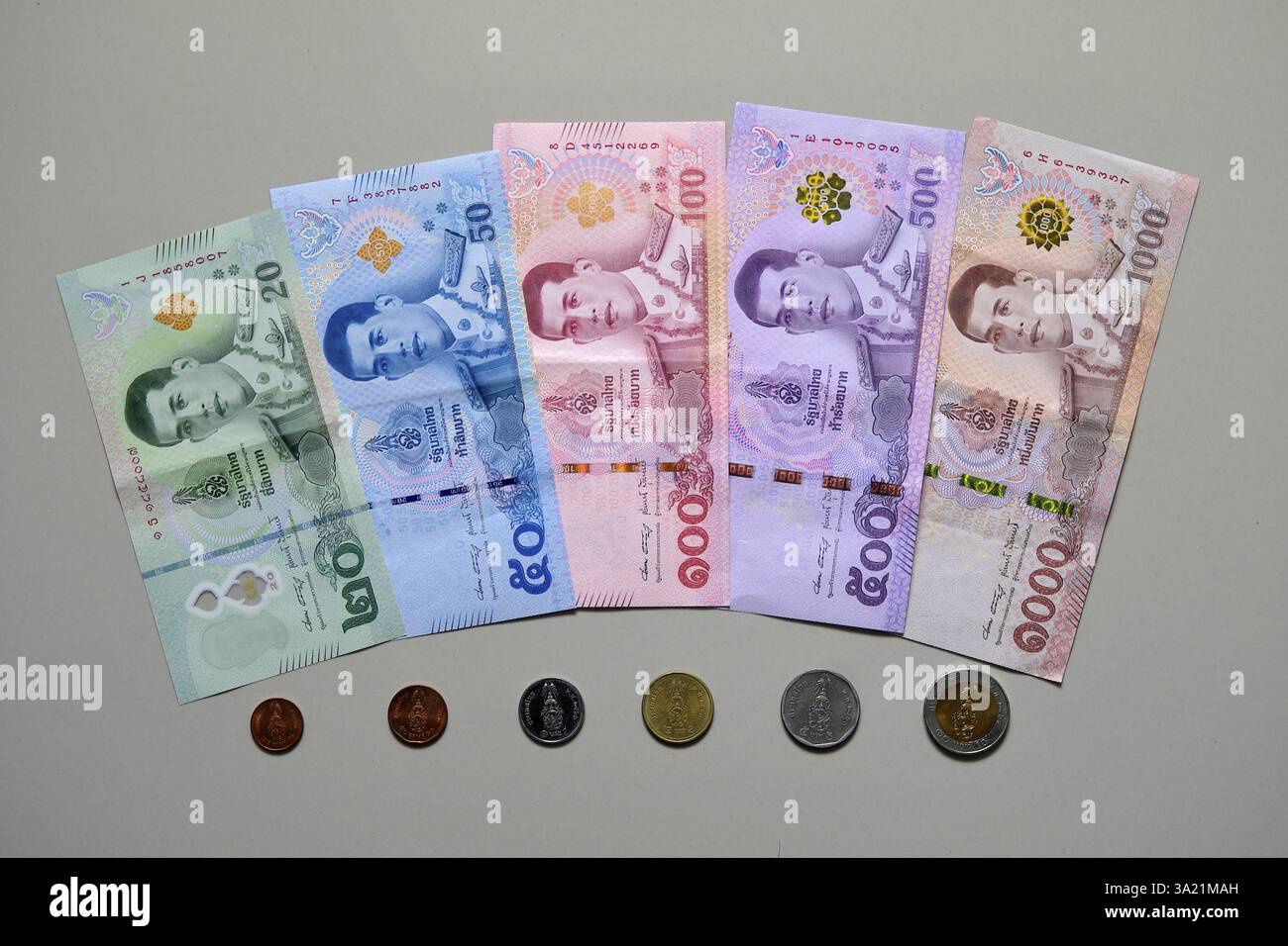 Thai currency Baht 25, 50 Satang Coins 1, 2, 5, 10, Baht Coins 20, 50, 100, 500, 1000 Baht ...