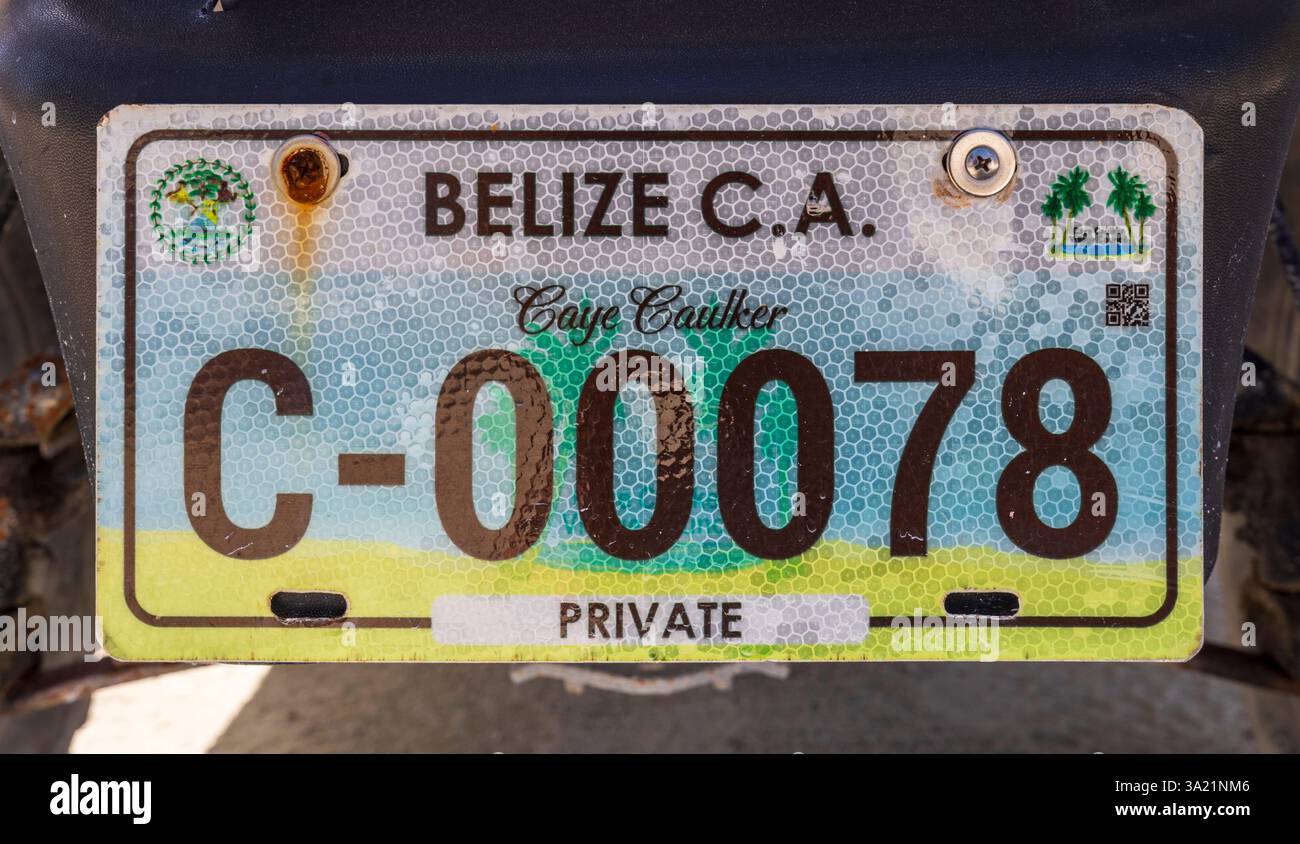 A Golf cart number plate on Caye Caulker, Belize, Central America Stock ...