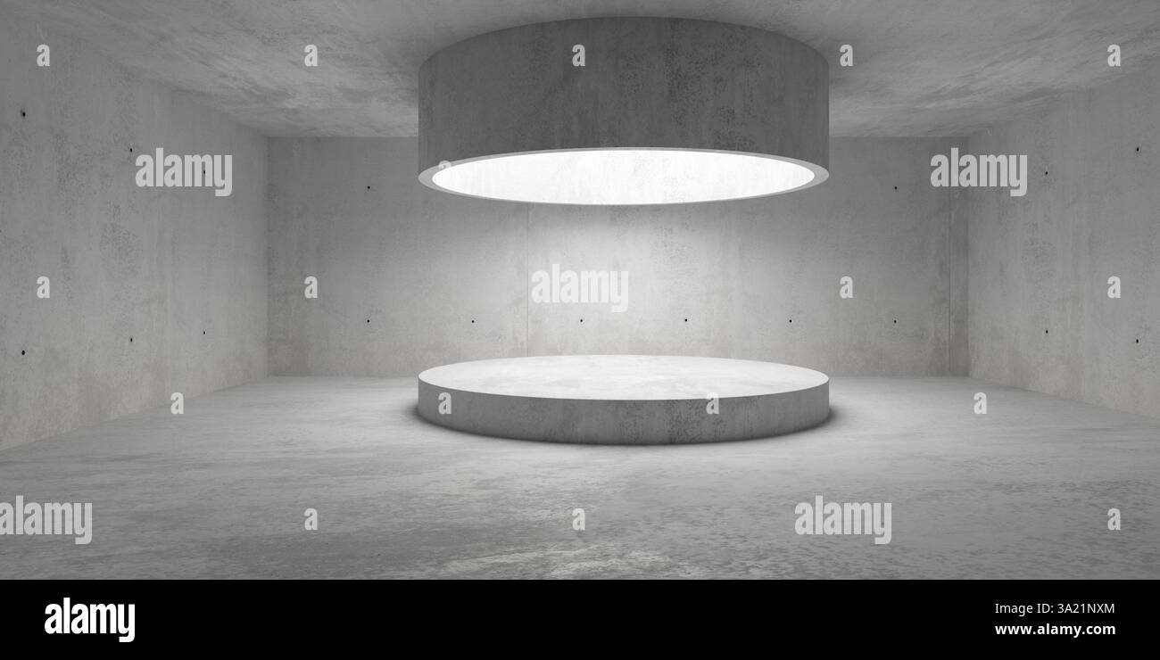 Abstract modern concrete room with round light shaft opening and podium ...