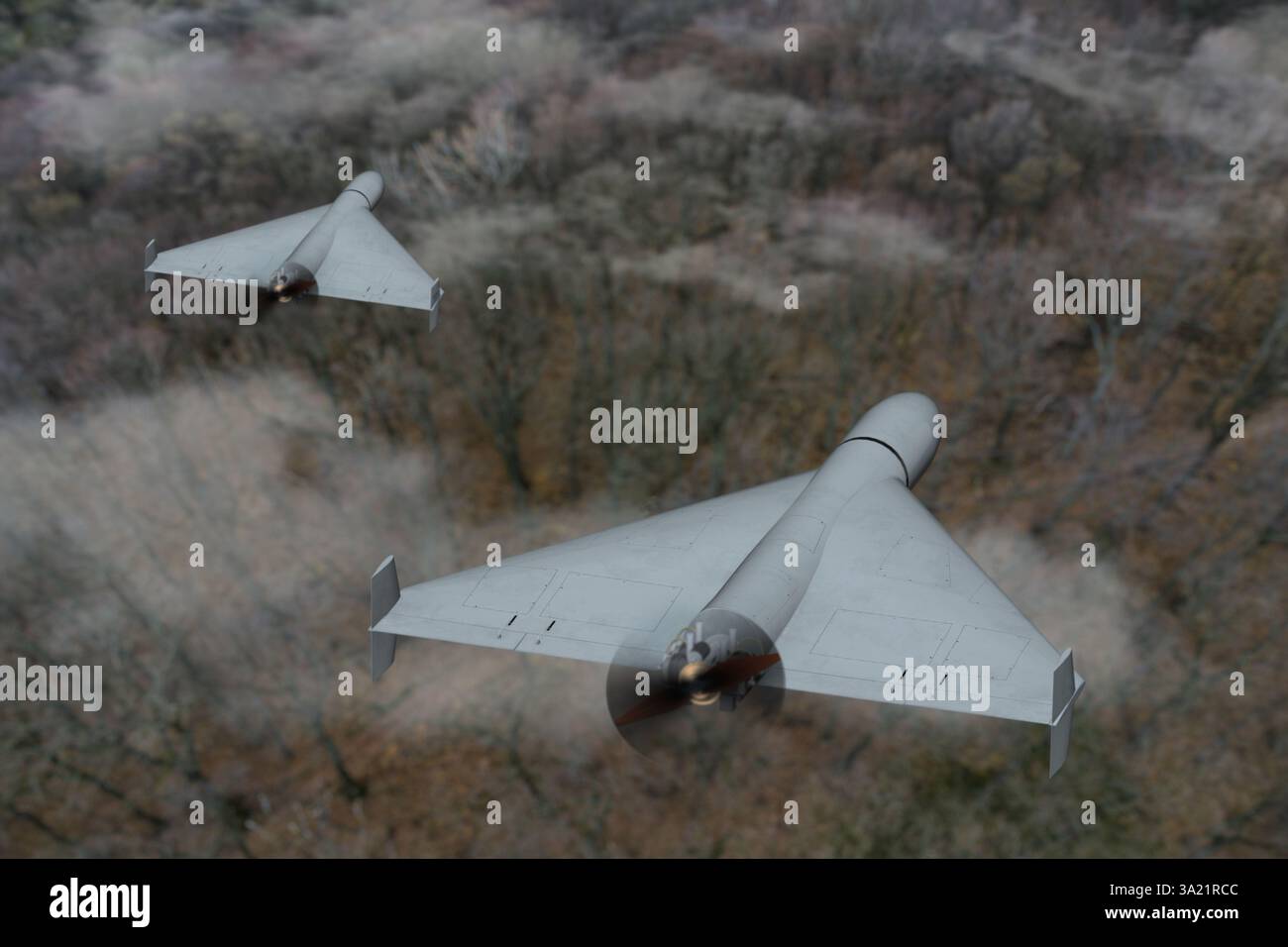 A pair of drones in action - attack drones over dense forest Stock ...