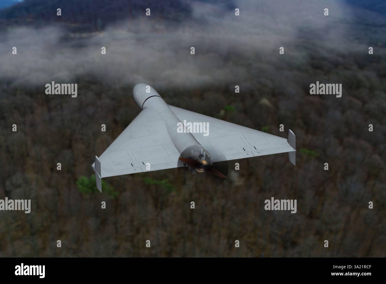 A kamikaze combat drone in flight - an unmanned aerial vehicle over a ...