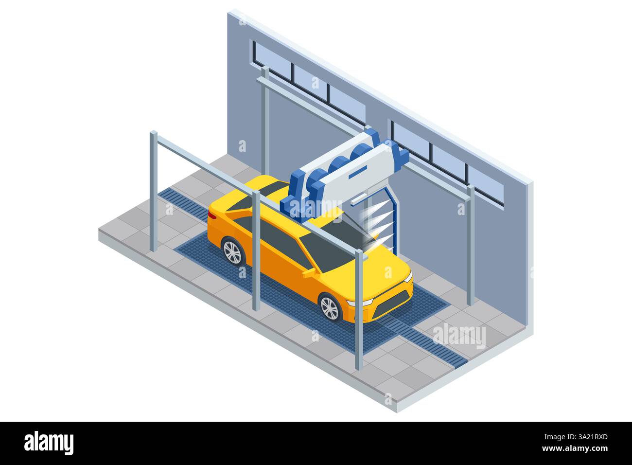 Isometric automatic car wash station. A yellow car is in an automatic ...