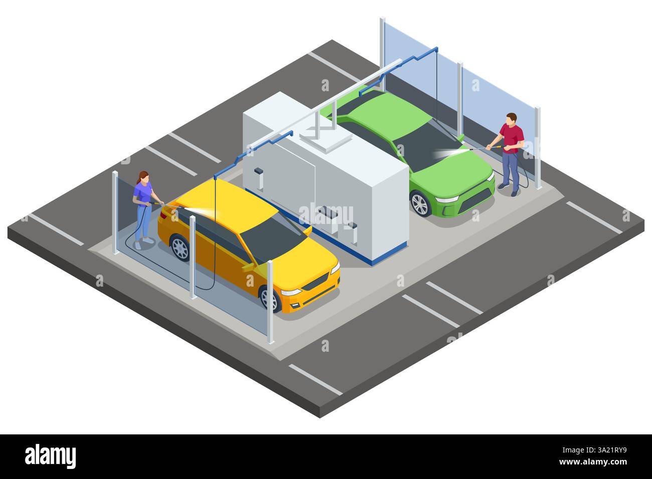 Isometric automatic car wash station. Two people are washing their cars ...