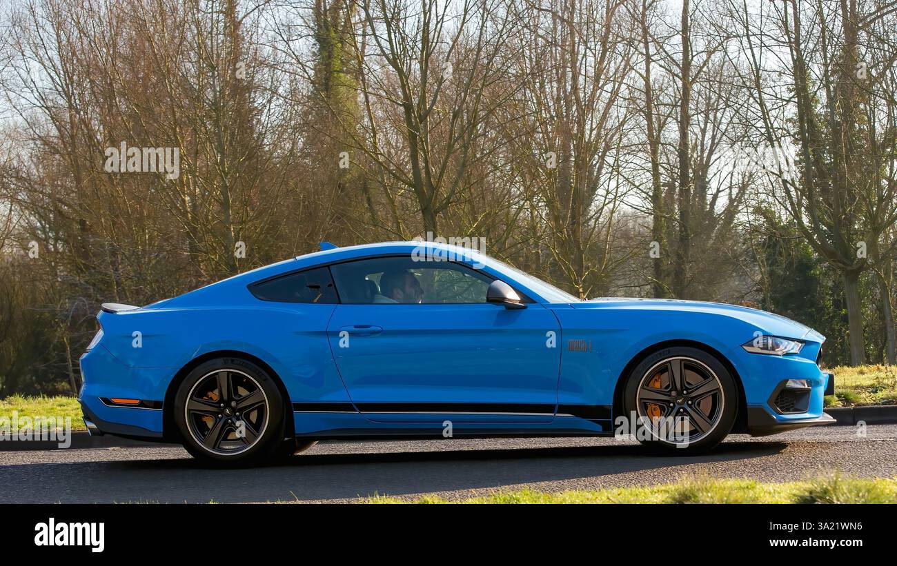 Stony Stratford,UK - Mar. 2nd 2025: 2023 blue Ford Mustang Mach 1 car ...