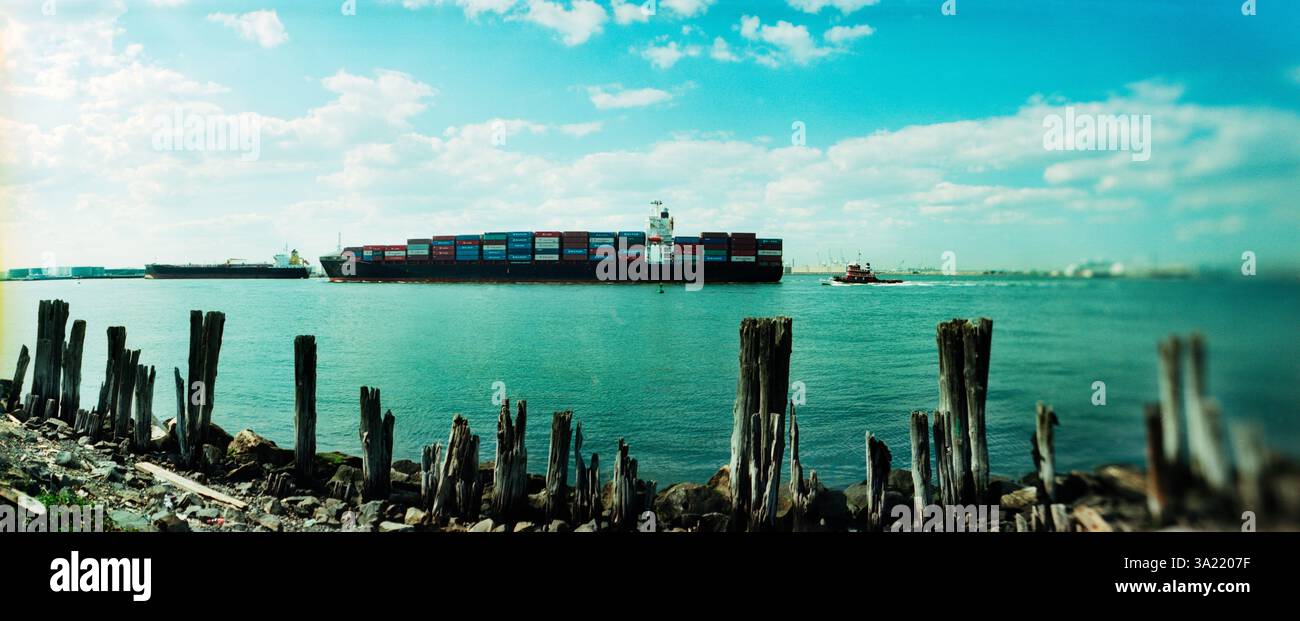 Panoramic view of container ship in a river, Staten Island, New York ...