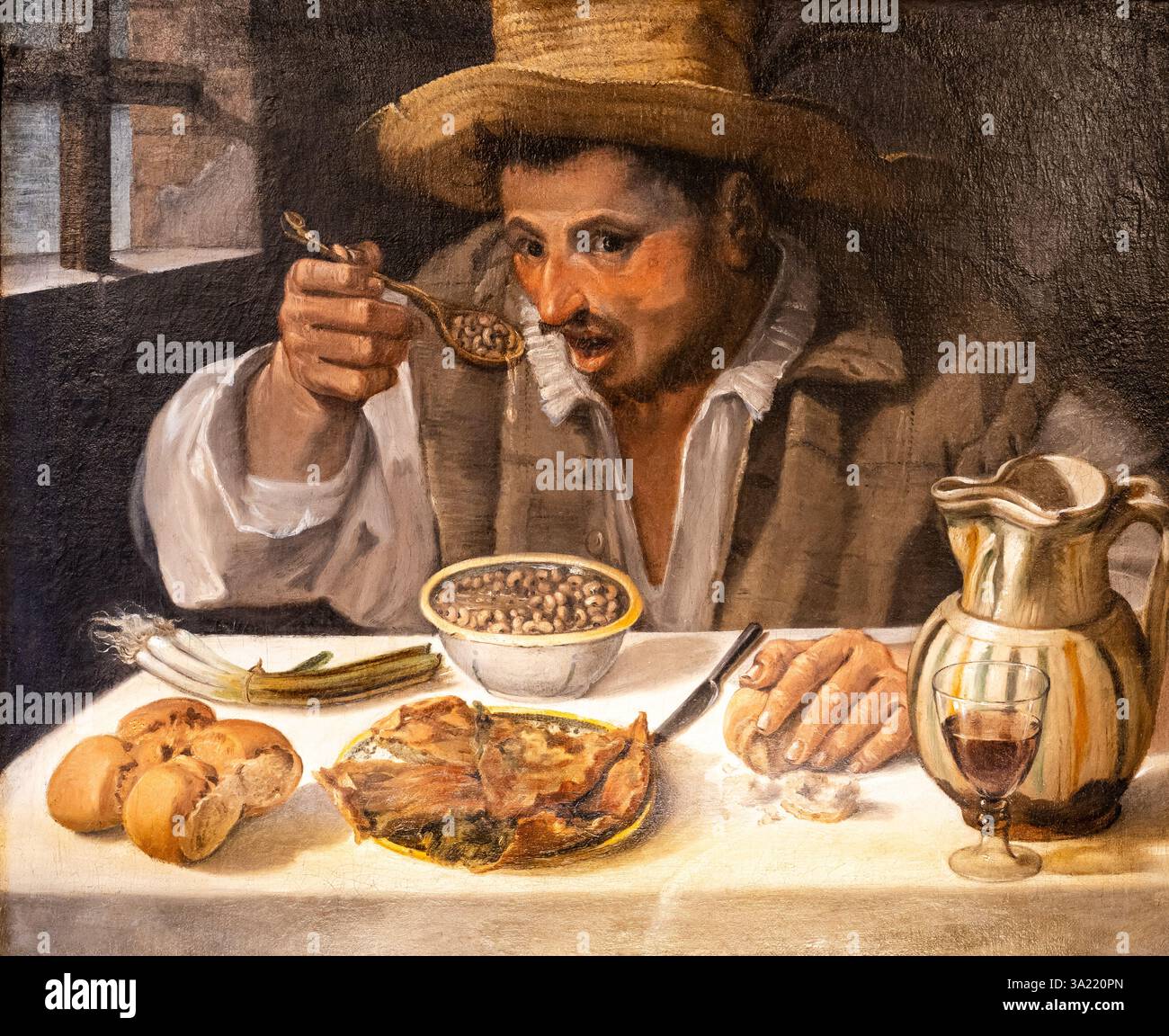 Detail of vintage painting portraiting a peasant italian man eating his ...